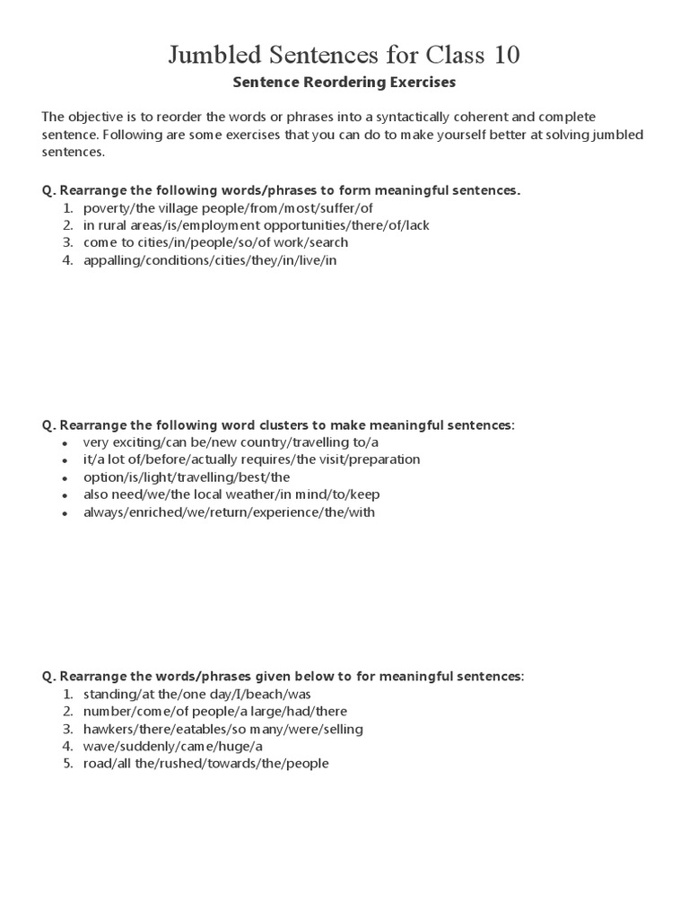Class 10 Sentence Reordering | PDF | Sentence (Linguistics) | Linguistics