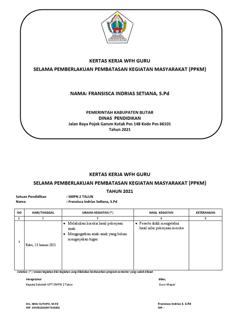 Kertas Kerja WFH Guru SMP 2 | PDF