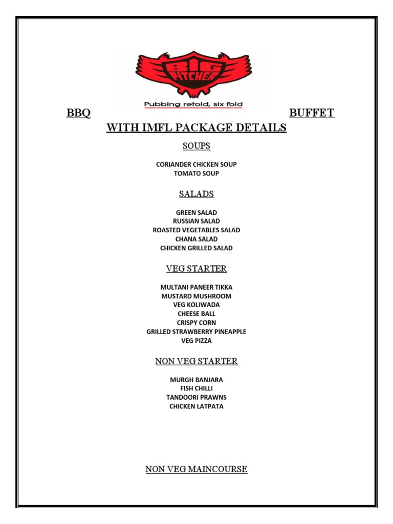 BBQ Buffet With Imfl Package | PDF | Drink | Salad