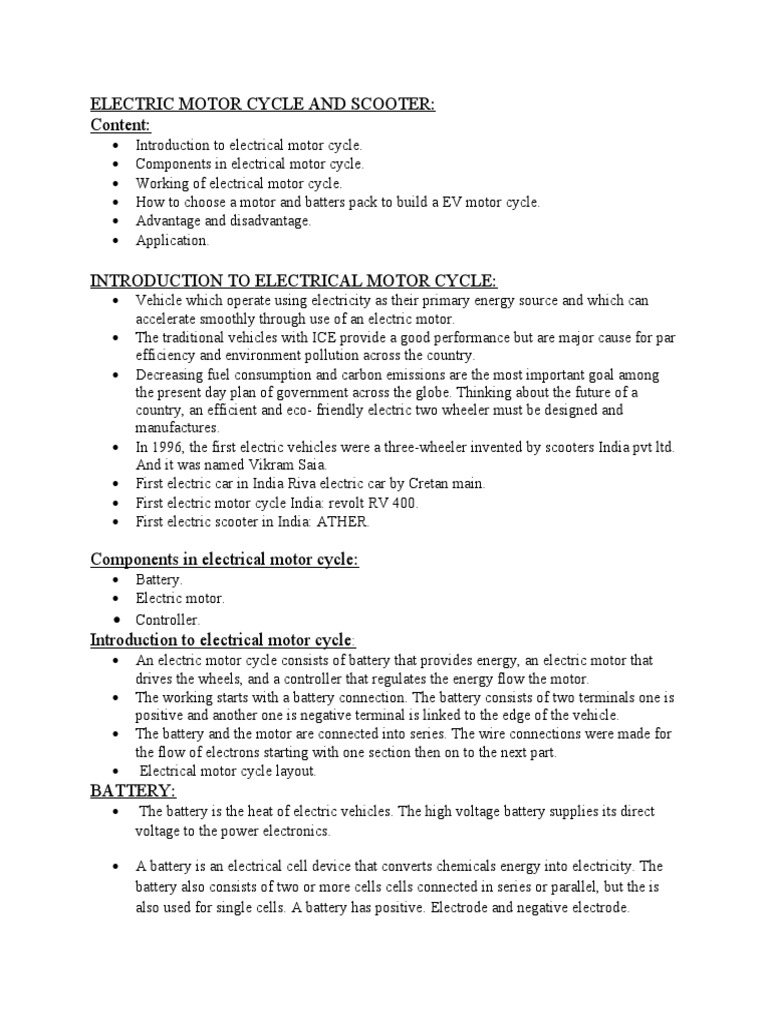 Electric Motor Cycle and Scooter | PDF | Electric Motor | Rechargeable ...