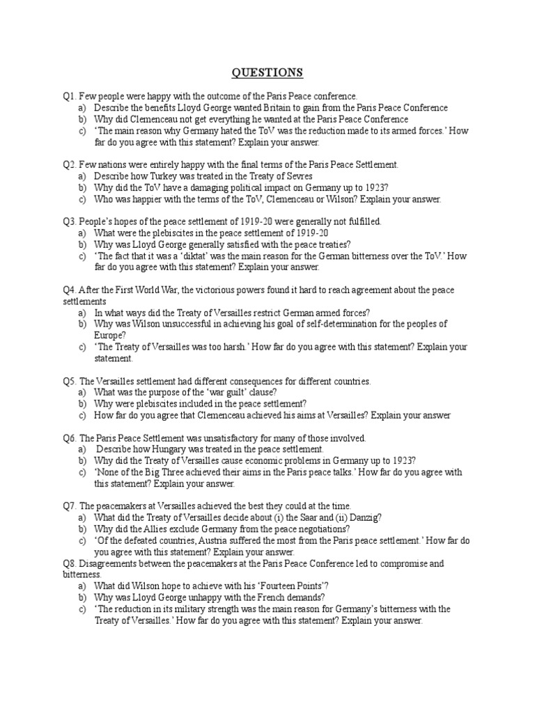 History Questions Rev | PDF | Treaty Of Versailles | World War I