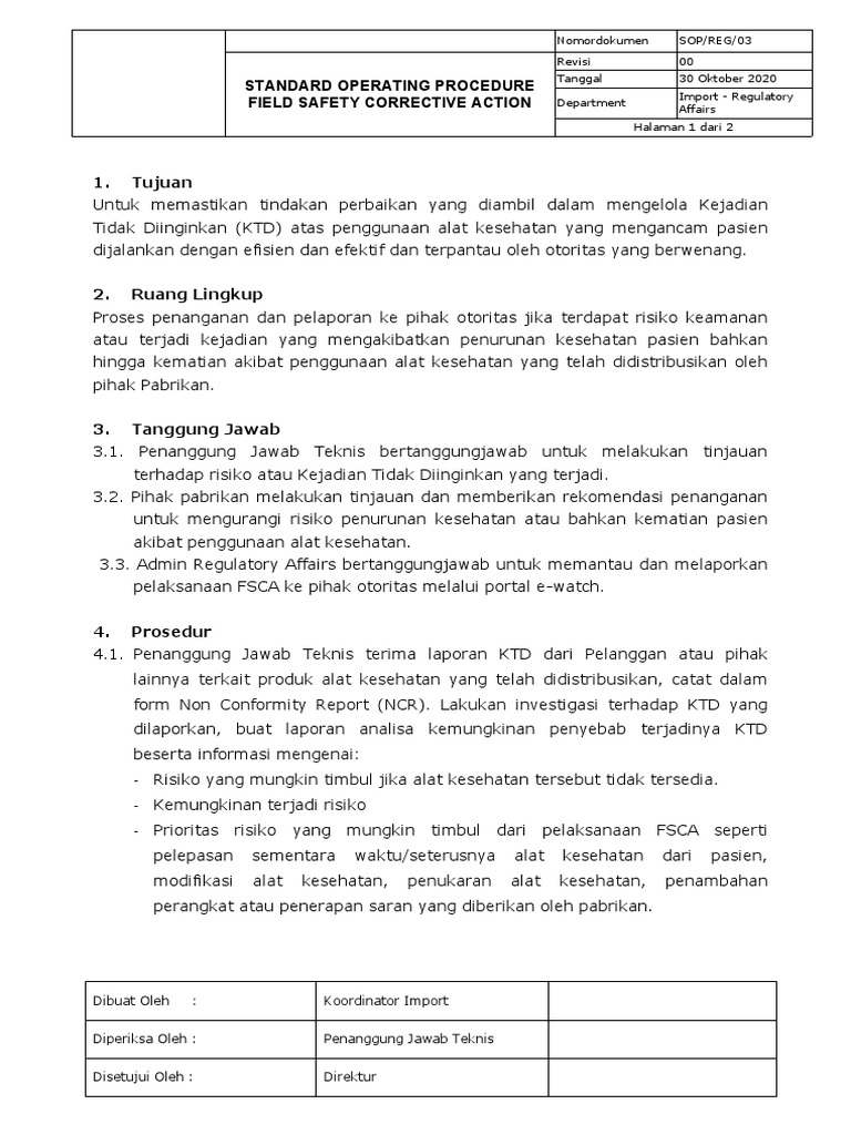 SOP-REG-03 Field Safety Corrective Action | PDF