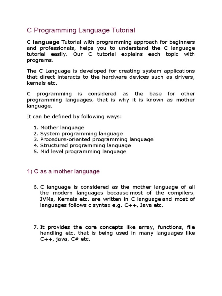 C Programming Language Tutorial Dated 11 09 2016 Pdf Subroutine Parameter Computer 