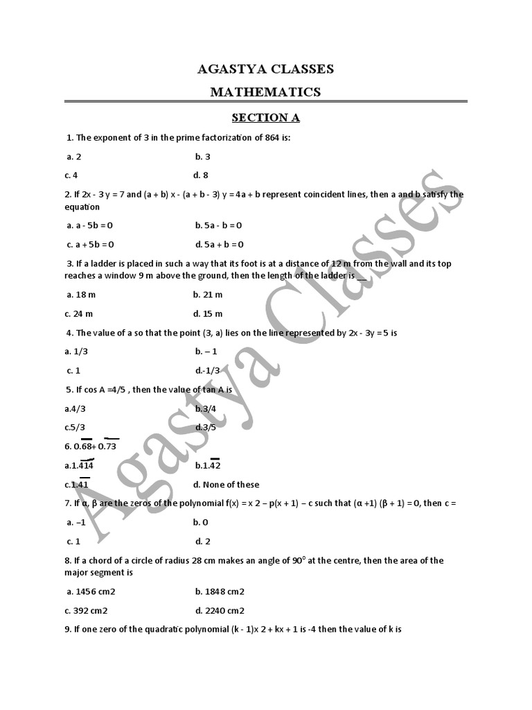 Agastya Classes Maths Paper 1 | PDF | Odds | Polynomial