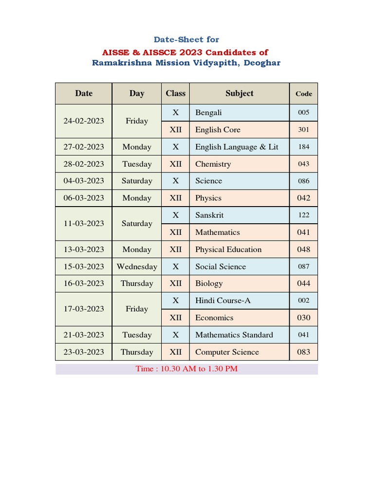 Date Sheet For AISSE & AISSCE 2023 Candidates of Ramakrishna Mission ...