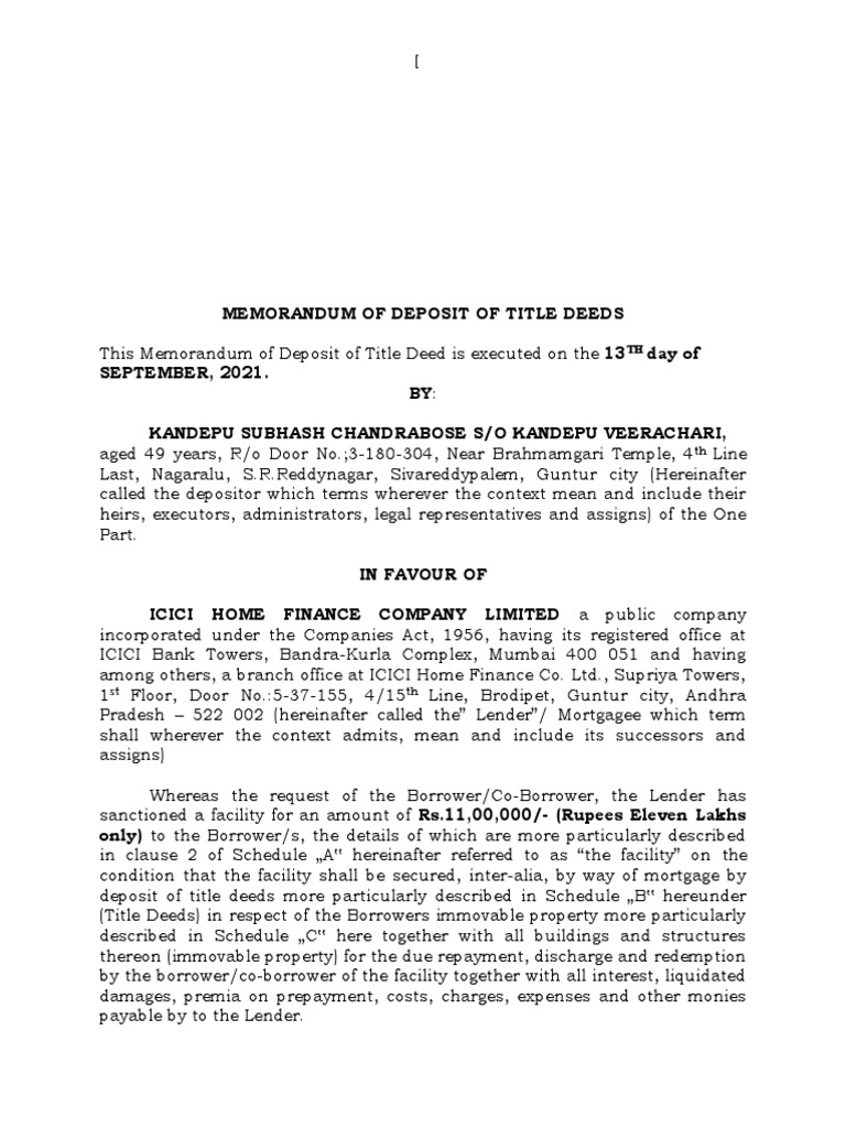 Title Deed Mortgage Memorandum | PDF | Mortgage Law | Civil Law (Common ...