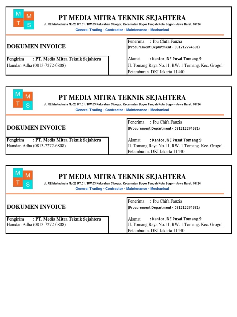 Invoice JNE untuk Ibu Chifa Fauzia | PDF