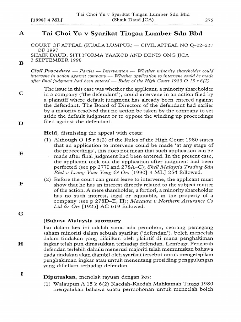 TAI CHOI YU V SYARIKAT TINGAN LUMBER SDN BHD | PDF