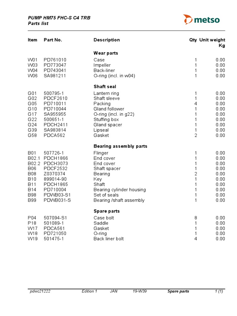 Part List PUMP HM75 FHC-S C4 TRB | PDF | Joining | Engine Technology