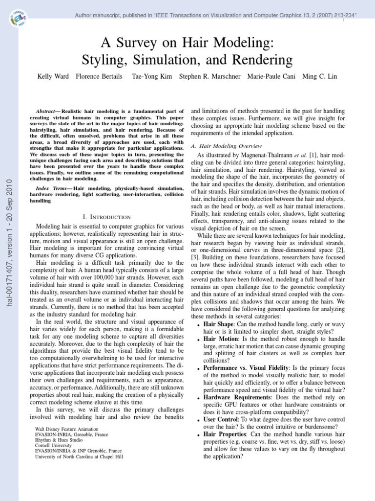 A Survey On Hair Modeling: Styling, Simulation, and Rendering | PDF ...
