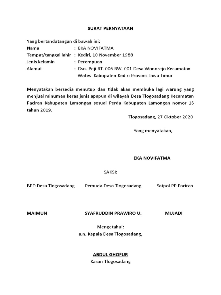 Surat Pernyataan Tutup Warung Miras | PDF | Gaya Hidup