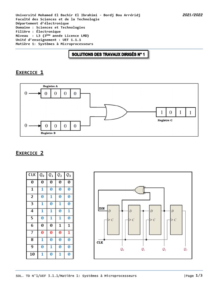 Solutions Travaux Diriges N 1 2 3 Sam Au 2021 2022 | PDF | Mémoire vive | Mémoire (informatique)