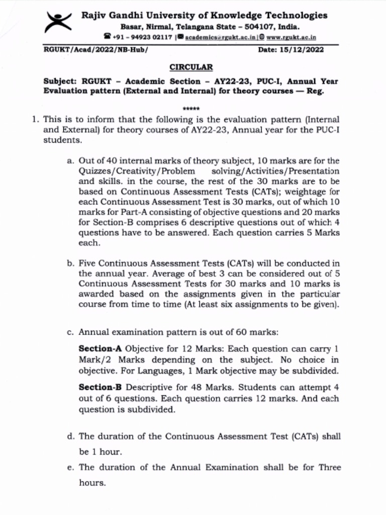 Circular For Evaluation Pattern of AY22-23, PUC-I | PDF