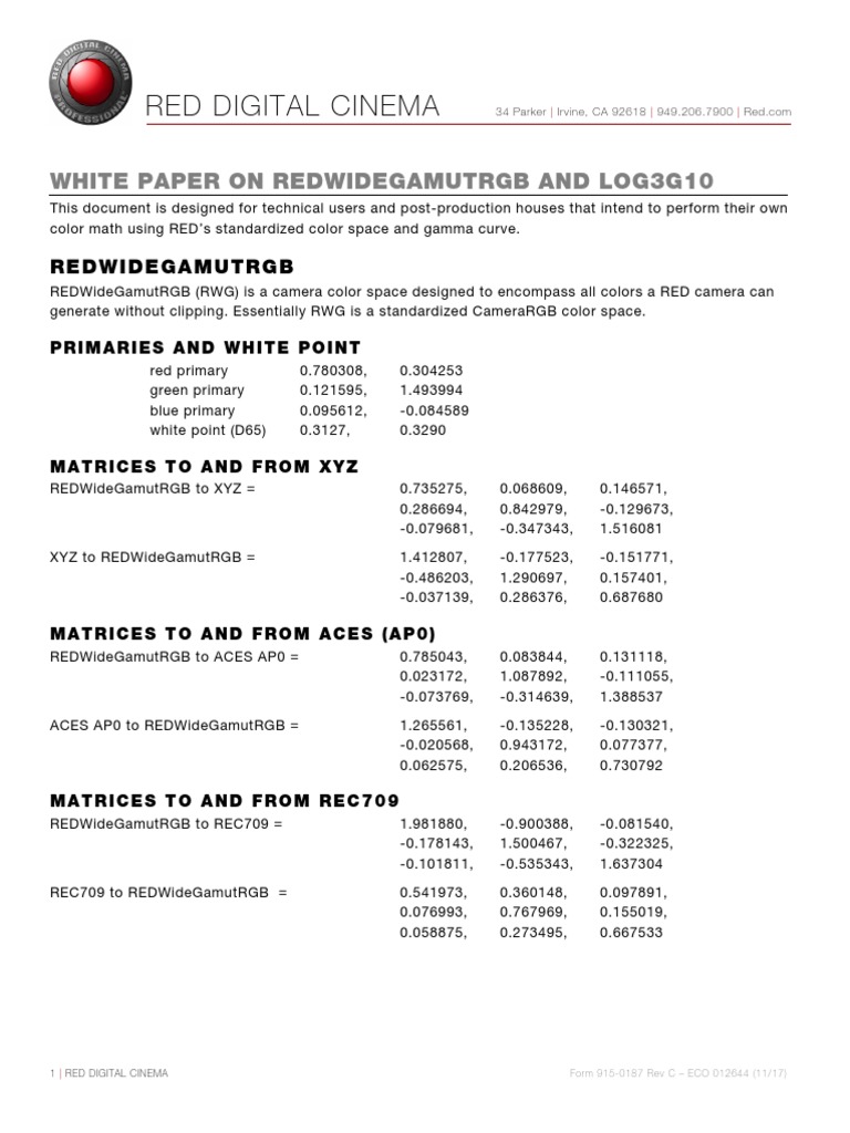 915-0187 Rev-C RED OPS, White Paper On REDWideGamutRGB and Log3G10 | PDF | Image Processing | Vision