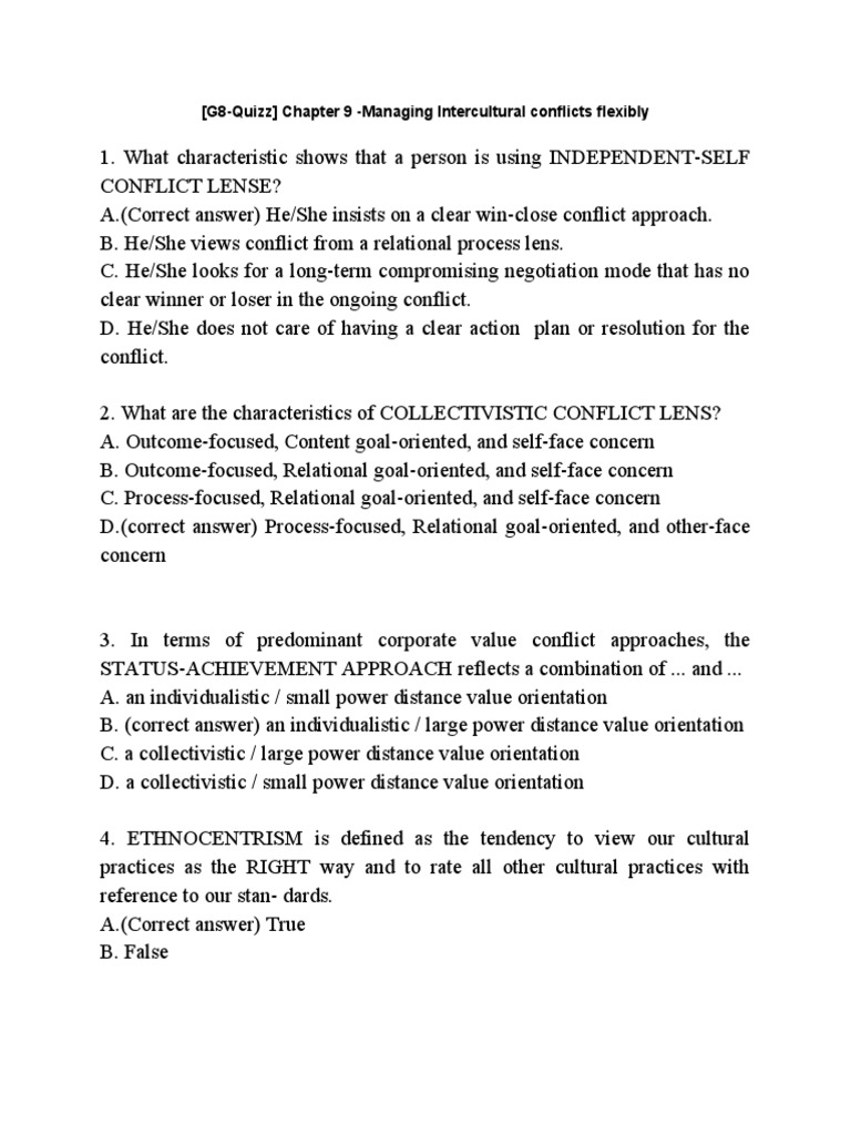 (G8-Quizz) Chapter 9 - Managing Intercultural Conflicts Flexibly | PDF | Psychology | Social ...