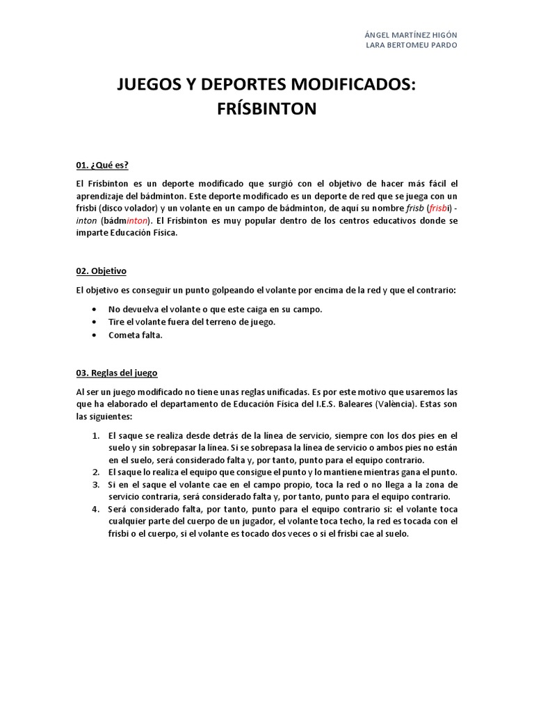 Juegos y Deportes Modificados Frísbinton | PDF | Juegos competitivos ...