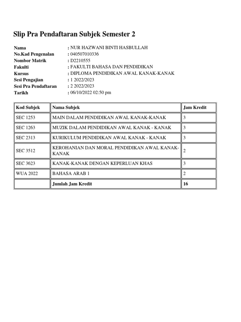 Daftar Subjek Sem 2 | PDF