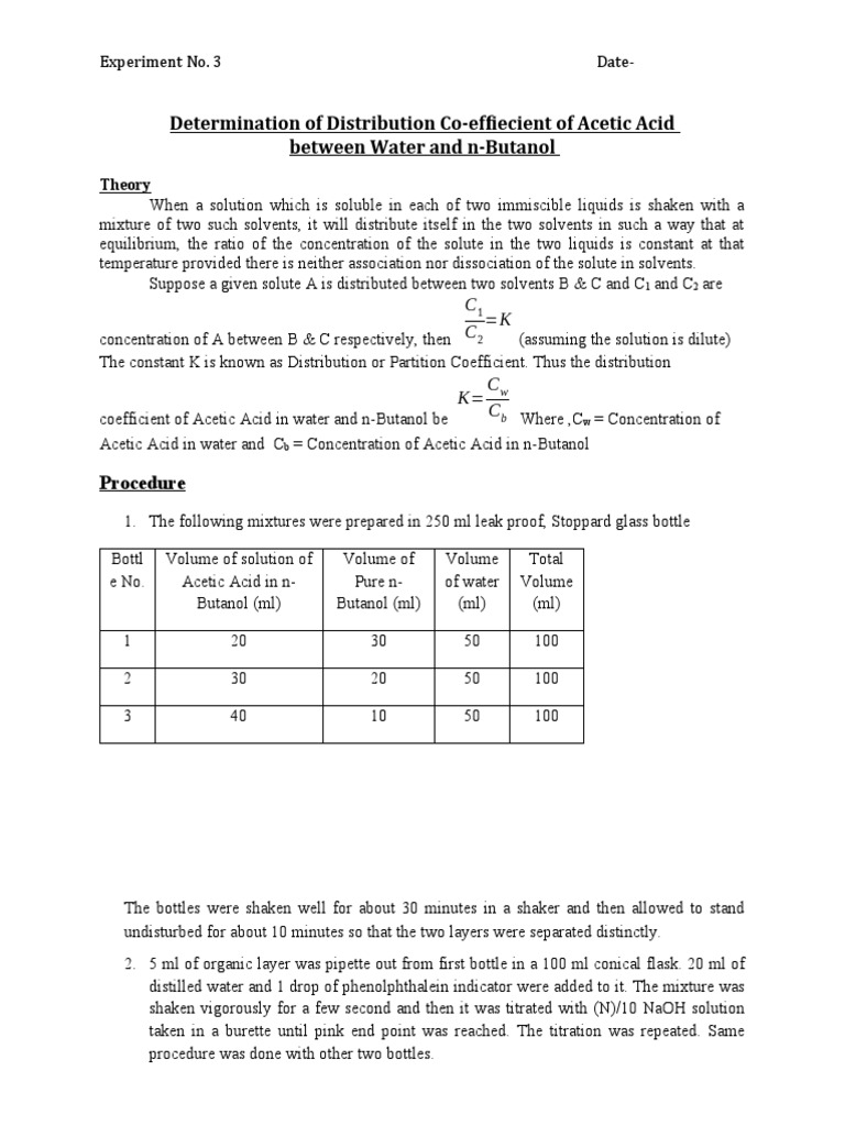 Acetic Acid Partition Coefficient Experiment | PDF | Chemistry | Titration