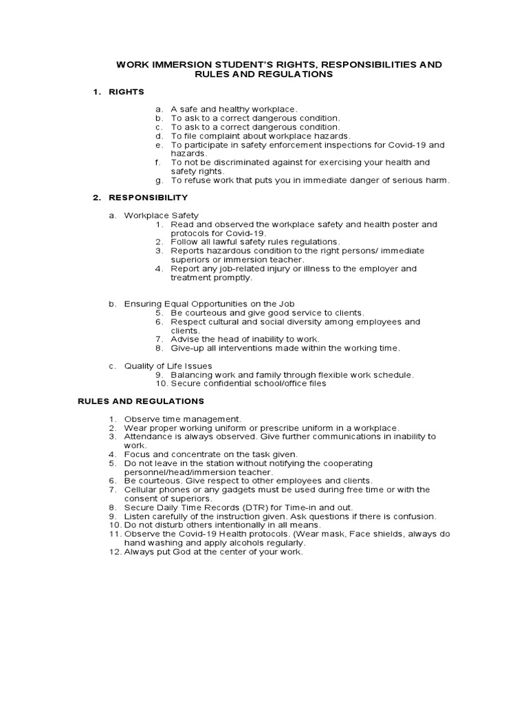 Work Immersion Information | PDF | Occupational Safety And Health | Safety