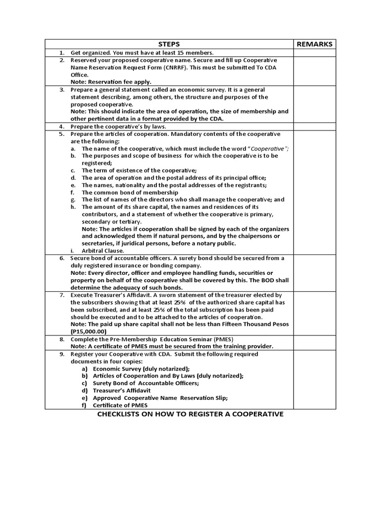 Checklist for Registering a Cooperative | PDF | Notary Public | Common Law