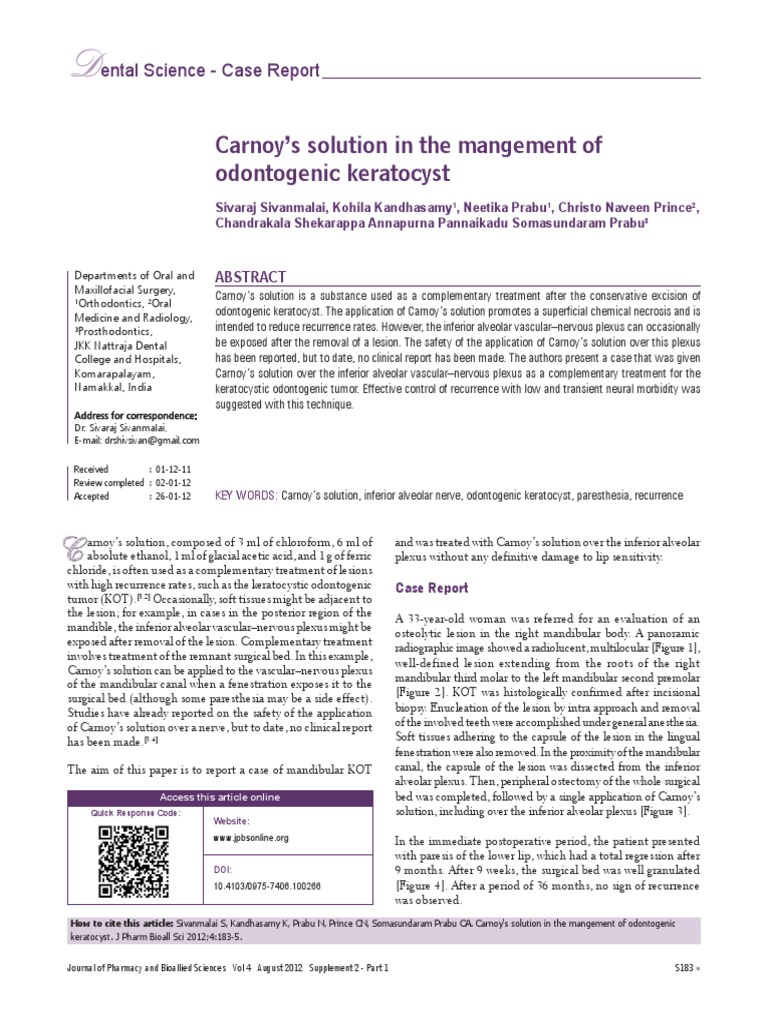 Carnoy's Solution in The Management of Odontogenic Keratocyst | PDF ...