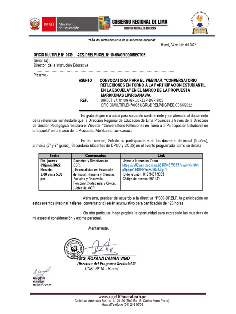 Oficio Multiple 139 Ugel 10 - Huaral - Conversatorio | PDF