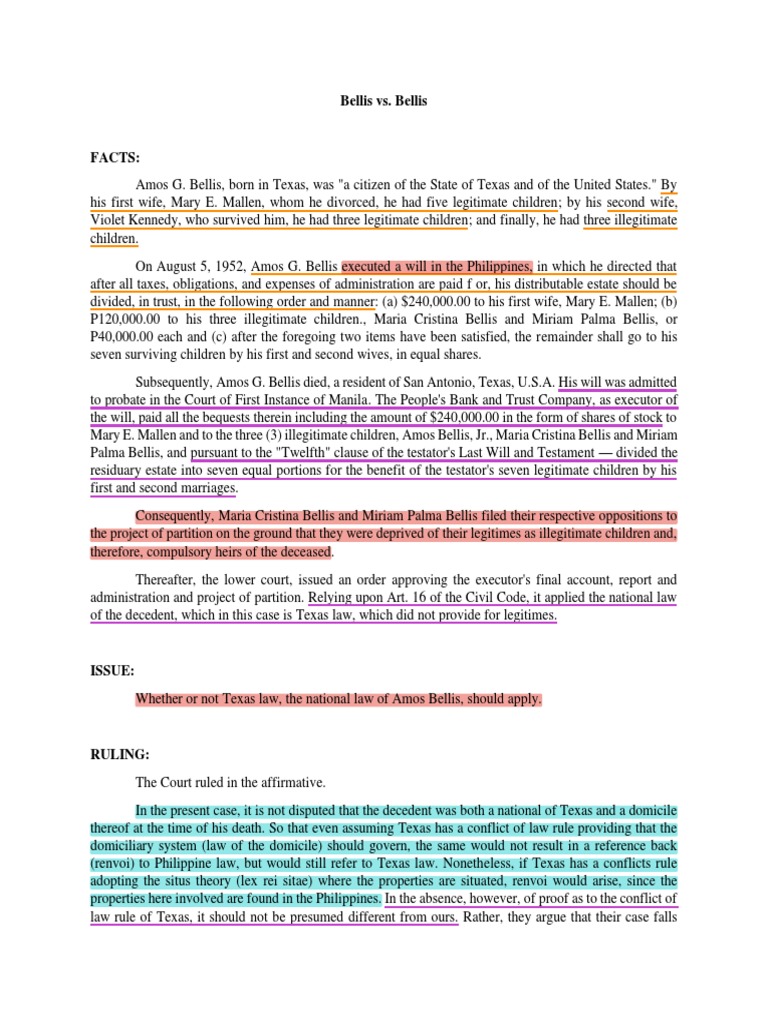 Bellis vs. Bellis Choice of Law | PDF | Intestacy | Ethical Principles