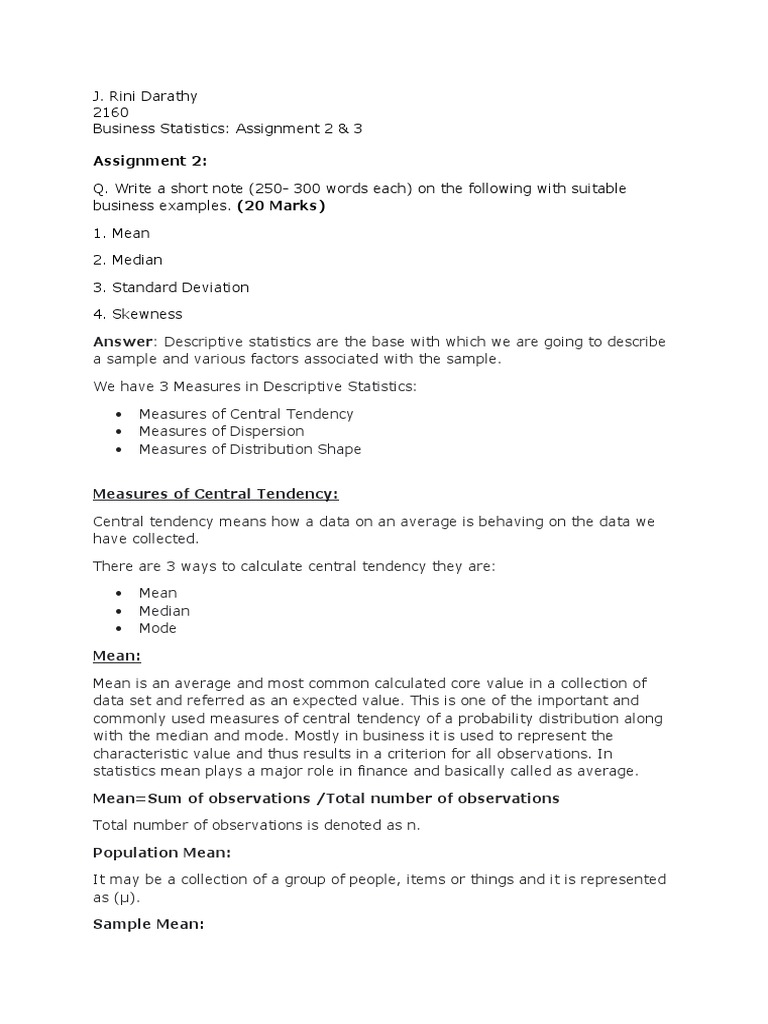 Business Statistics Assignment 2 And 3 Pdf Mean Standard Deviation