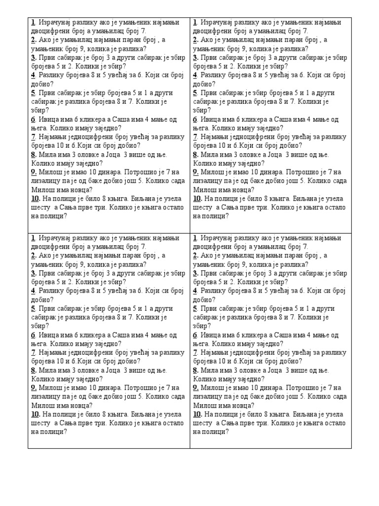 Tekstualni Zadaci 1. Razred | PDF