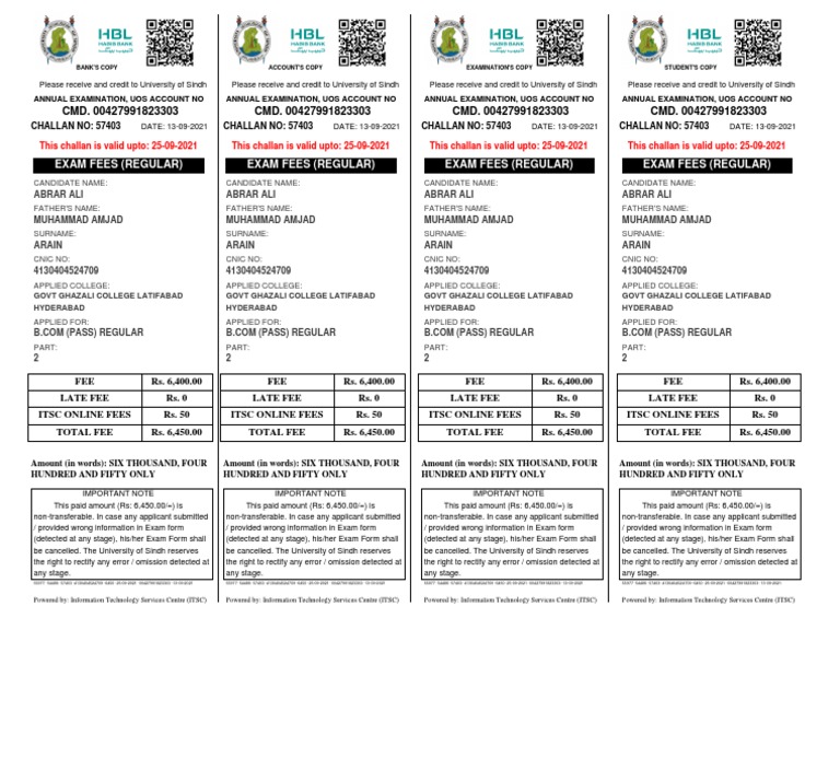 UOS Exam Fee Receipt | PDF