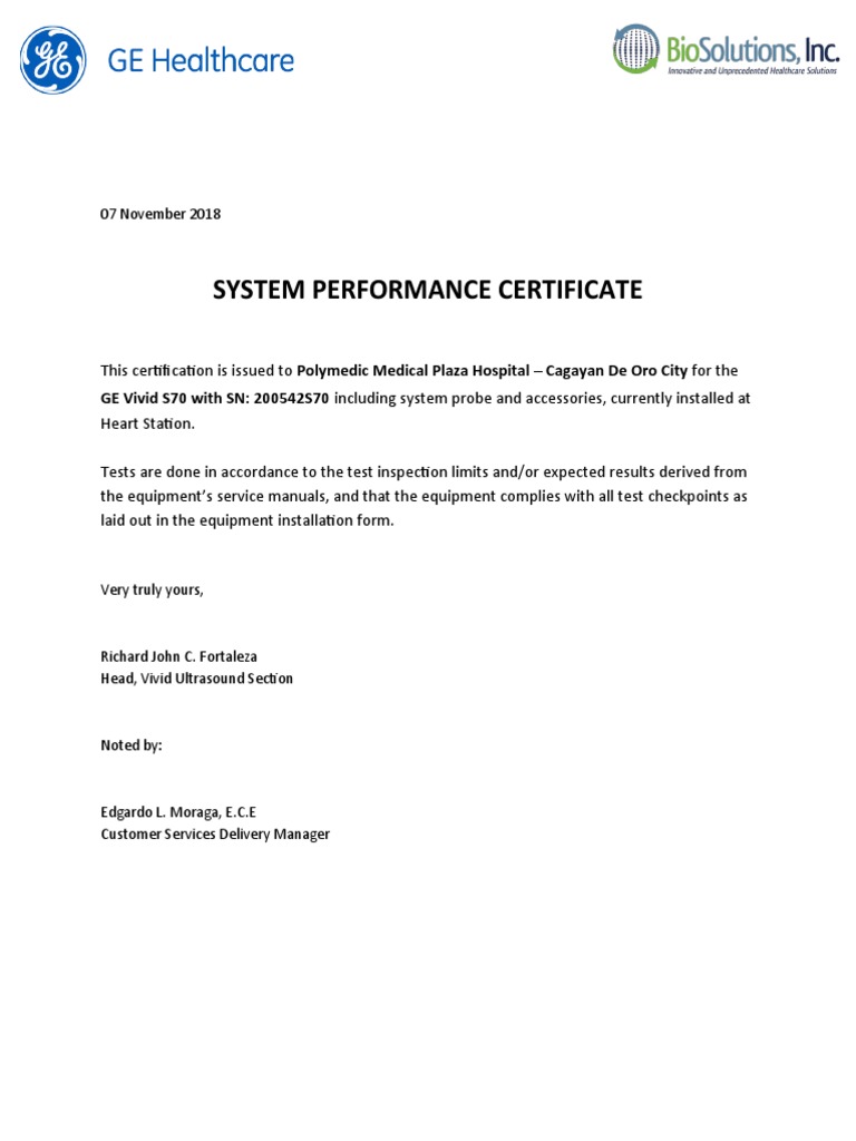 GE Vivid S70 System Certification | PDF | Technology & Engineering