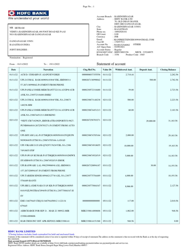 Statement of Account: Date Narration Chq./Ref - No. Value DT Withdrawal ...