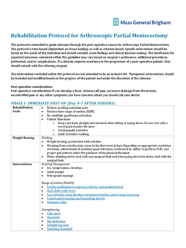 Rehabilitation Protocol For Meniscectomy | PDF | Human Leg | Surgery