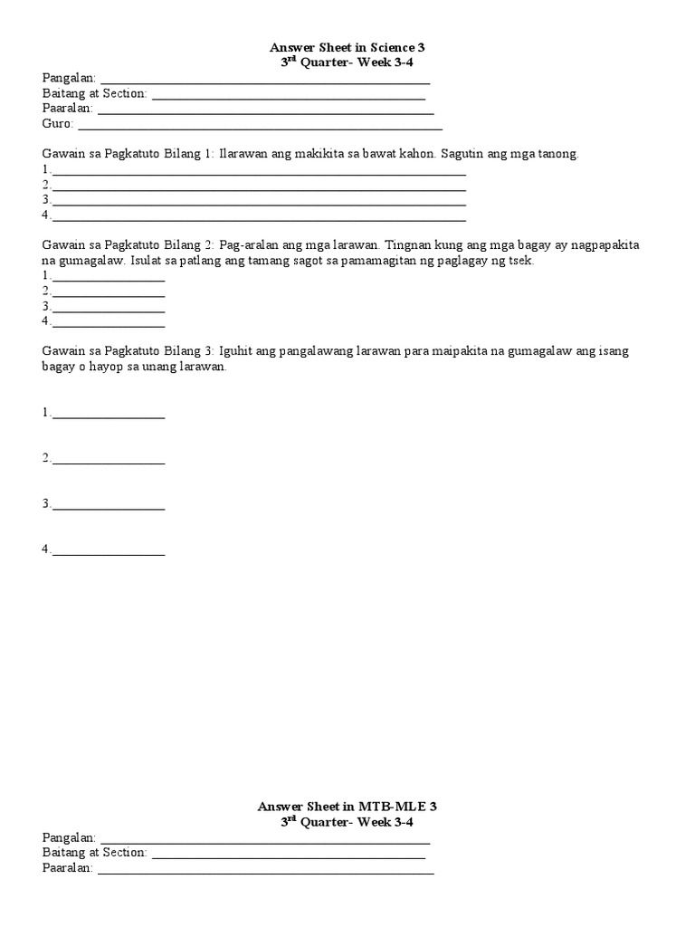 Answer Sheet gr3 q3 w3 | PDF