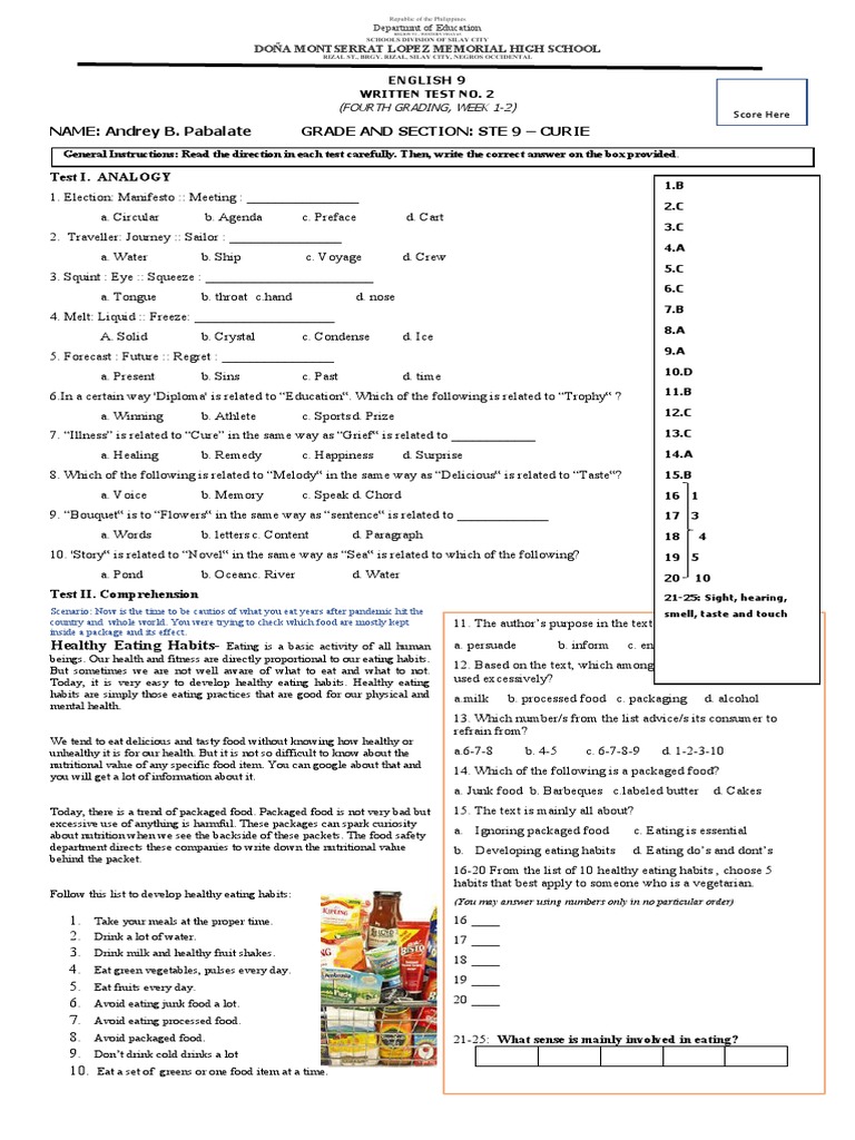 Pabalate-English 9 - Grade-9 - SPT-2-Q4 | PDF | Foods | Healthy Diet