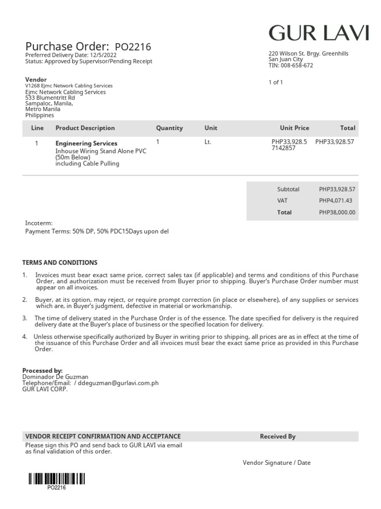 PO2216 (Ejmc Network Cabling Services) | PDF | Invoice | Receipt