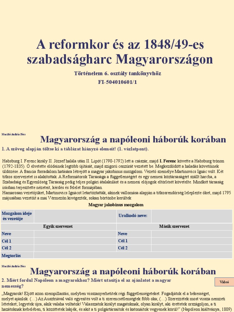 6 05 Reformkor Es Az 1848-49-Es Szabadsagharc Magyarorszagon T | PDF