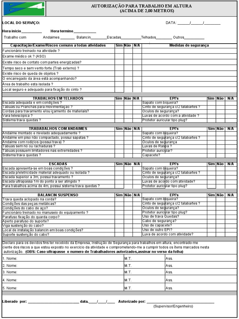 Autorização para trabalho em altura | PDF