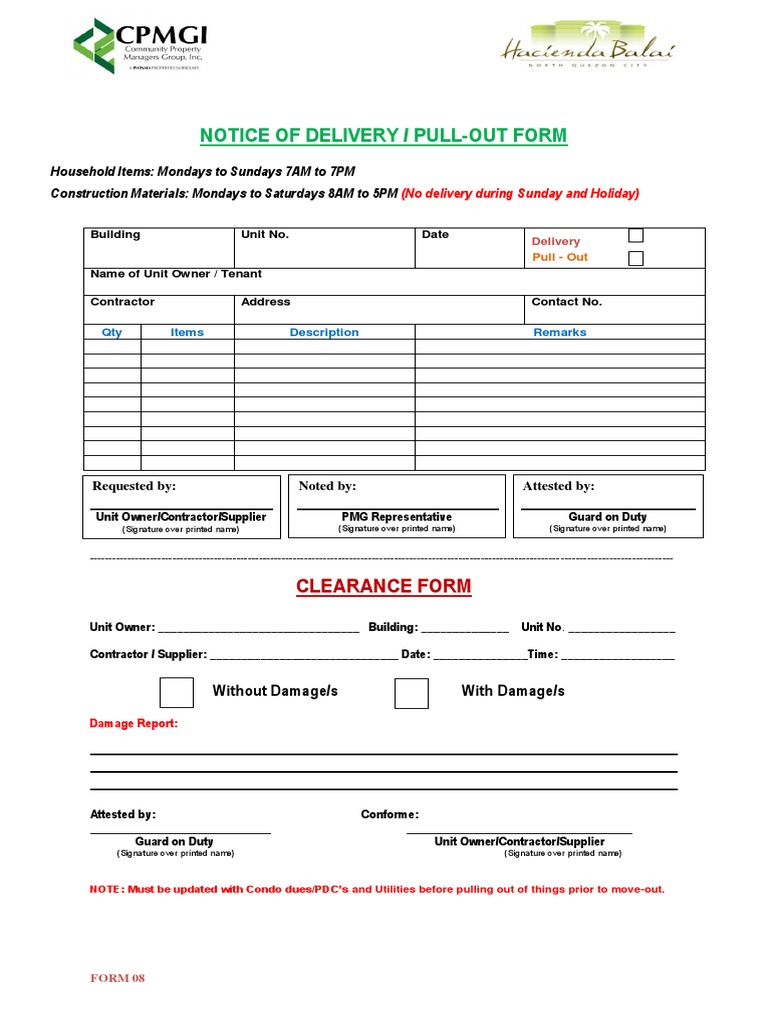 Delivery and Removal Notification Form: Tracking Goods In and Out of ...