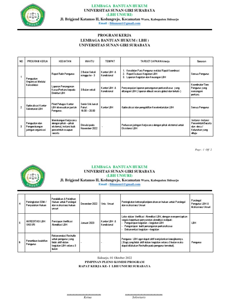 Program Kerja LBH UNSURI | PDF