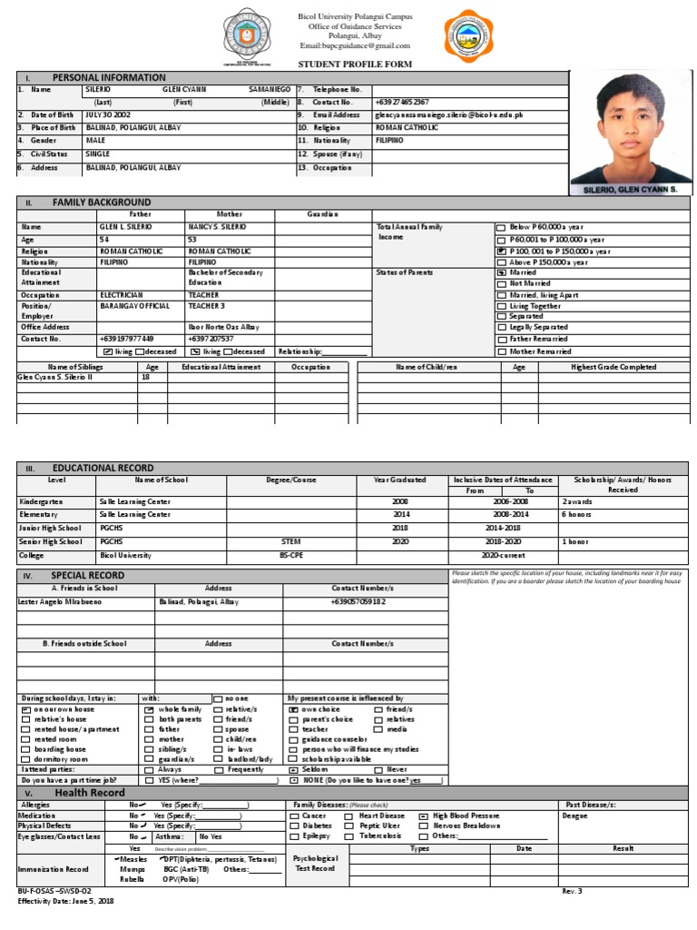 BUPC STUDENT PROFILE FORM Glen Cyann S. Silerio BSCPE 2B | PDF | Health ...