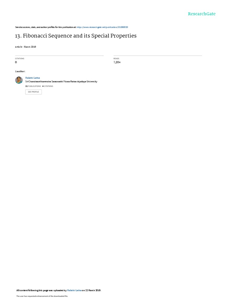 Fibonacci sequence properties and applications | PDF | Arithmetic ...