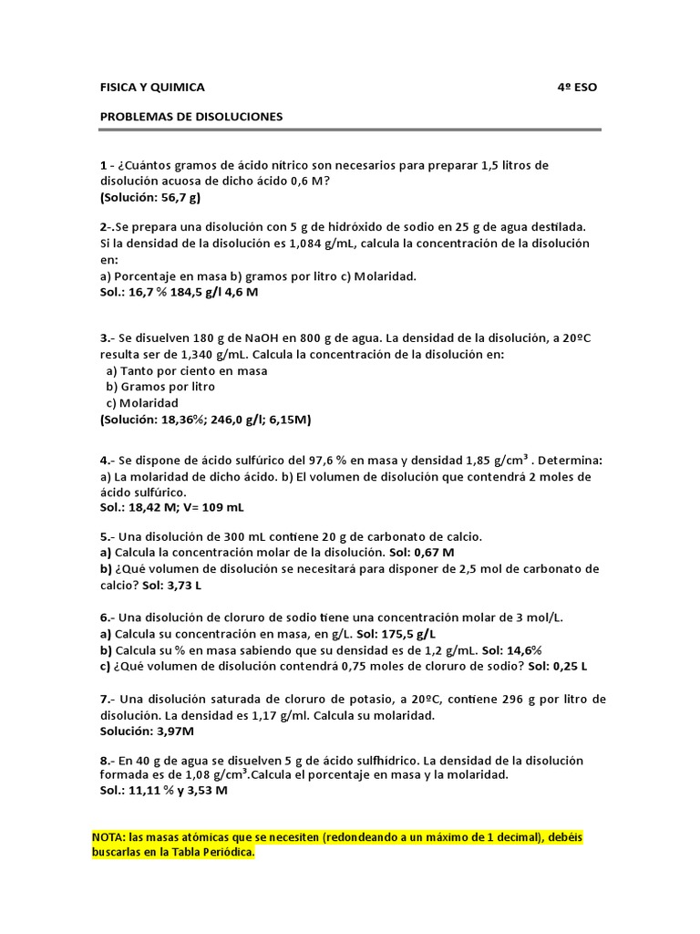 Ejercicios Disoluciones 4º | PDF