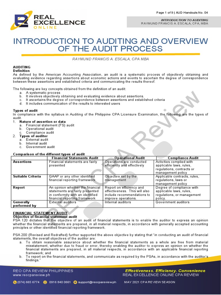 REO CPA Review: Introduction To Auditing and Overview of The Audit Process | PDF | Financial ...