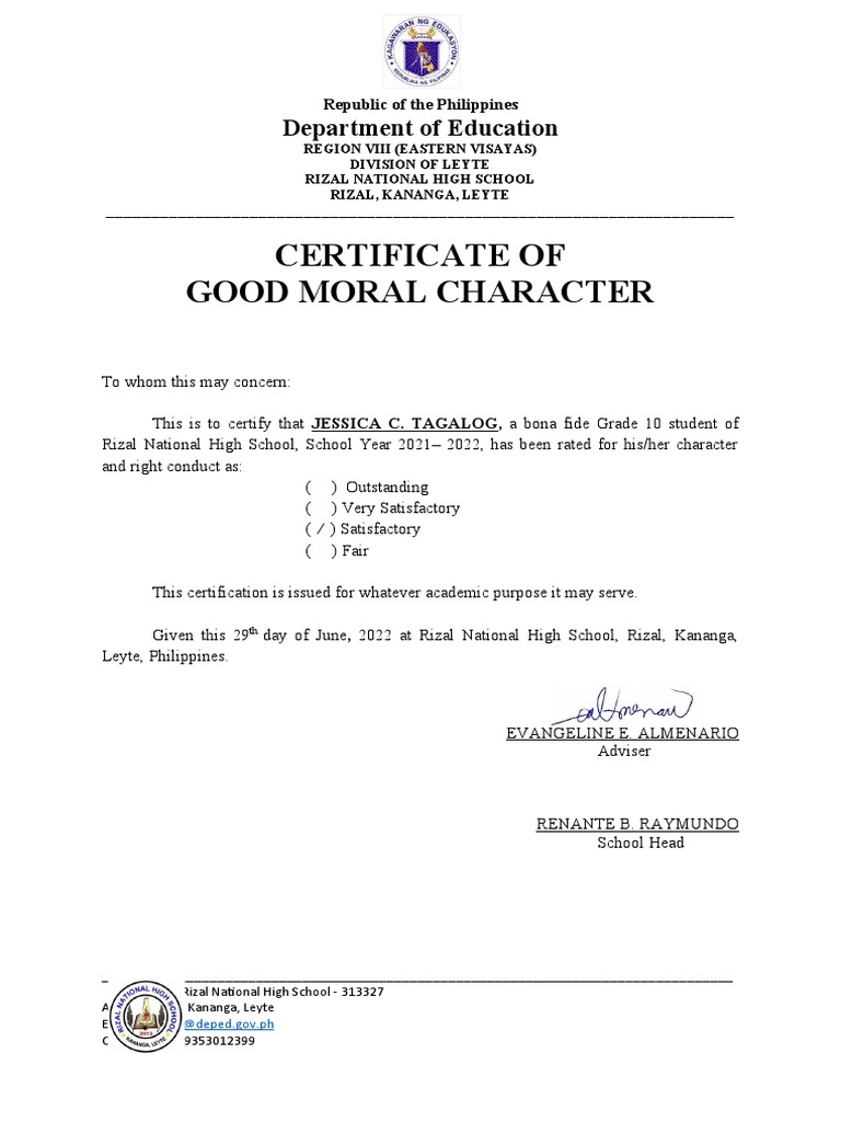 Certificate of Good Moral Character | PDF | Wellness