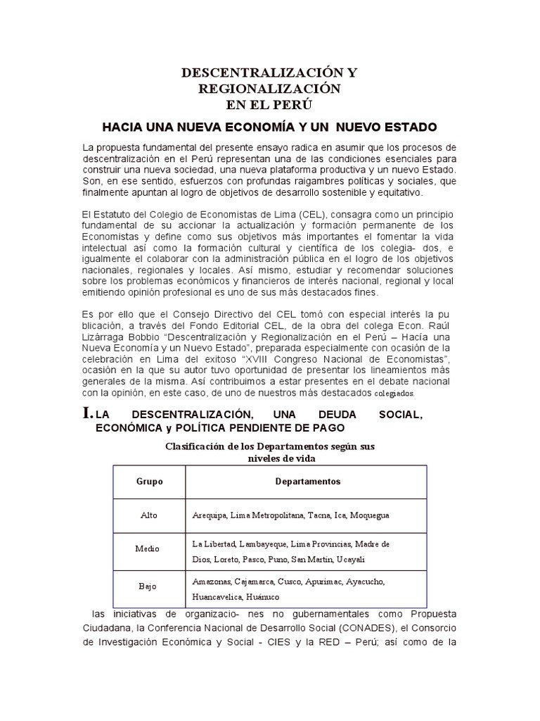 Descentralización Y Regionalización Resumen Pdf Perú Globalización