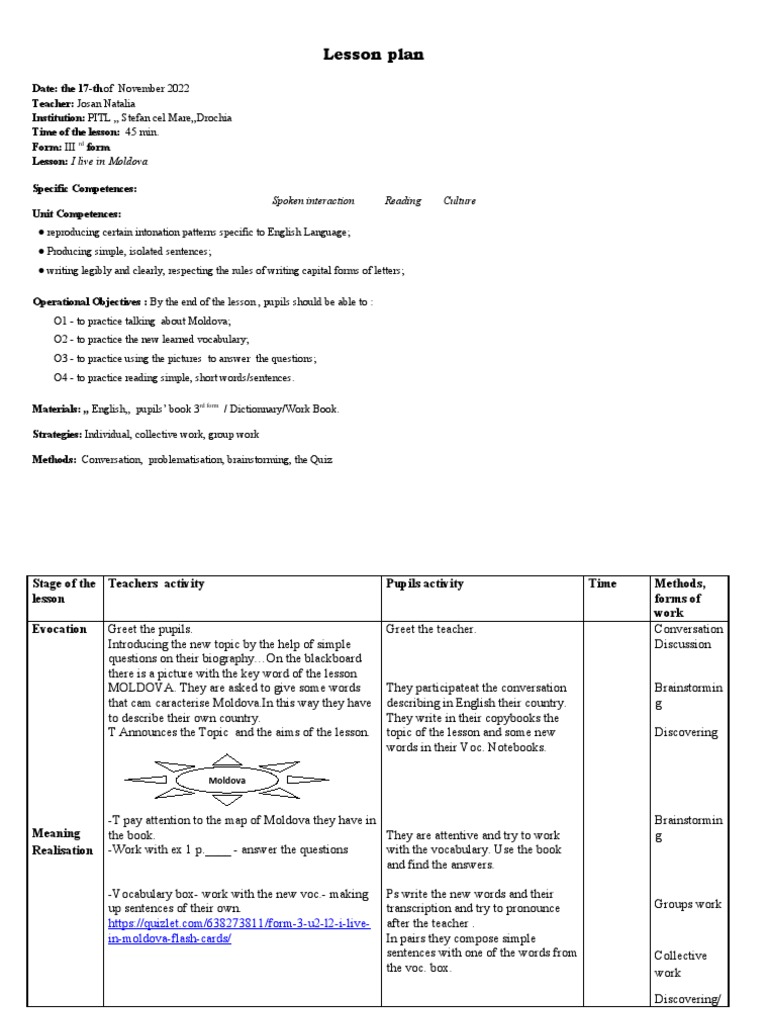 Lesson Plan I Live in Moldova | PDF | Lesson Plan | Brainstorming