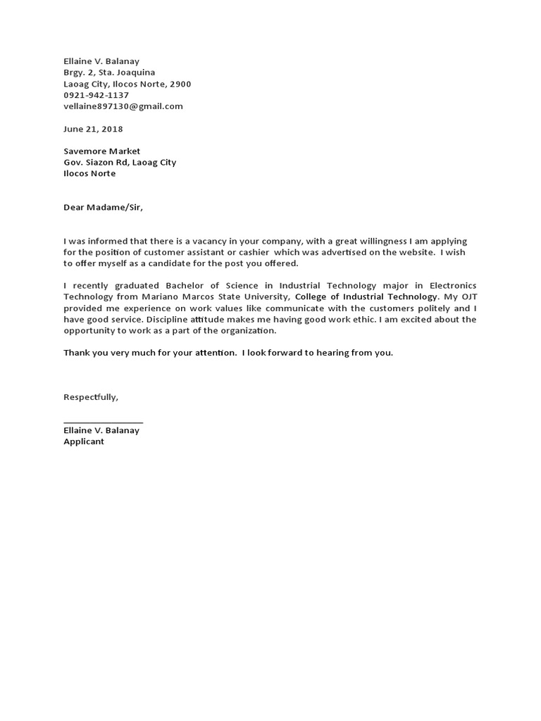 Application for Customer Assistant Position | PDF | Career & Growth ...