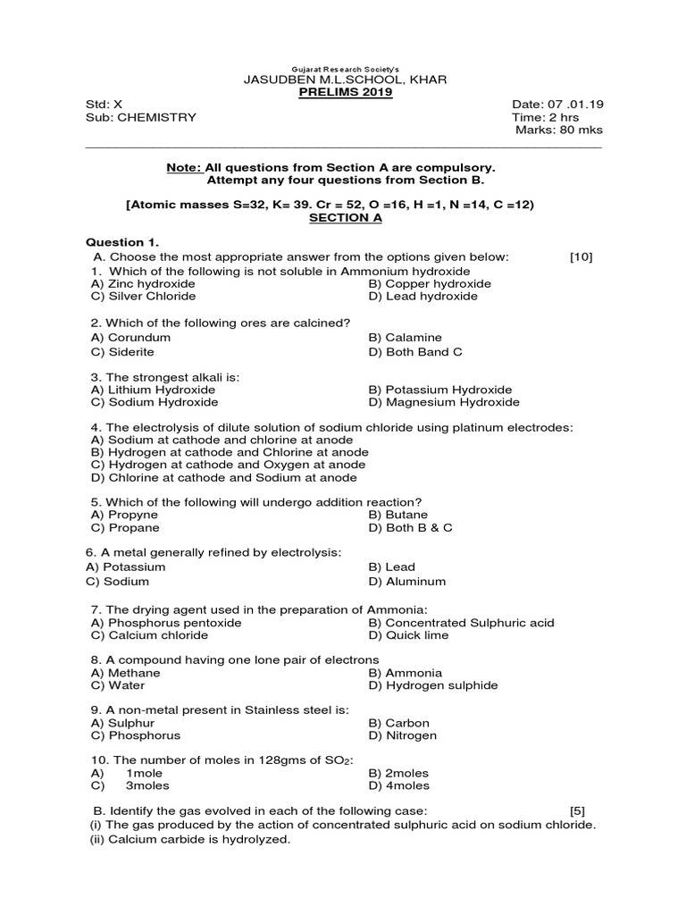 Chemistry Grade X Prelim Paper 2019 Changed 123 - 1 | PDF | Chlorine ...