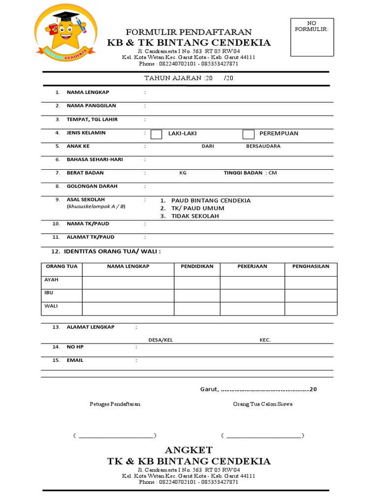 Formulir Pendaftaran TK Bintang | PDF